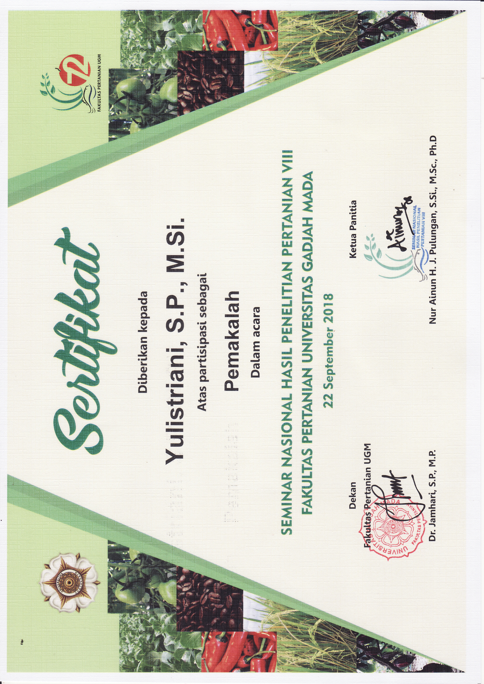 Sertifikat Semnas UGM 2018 - Document Repository Universitas Andalas